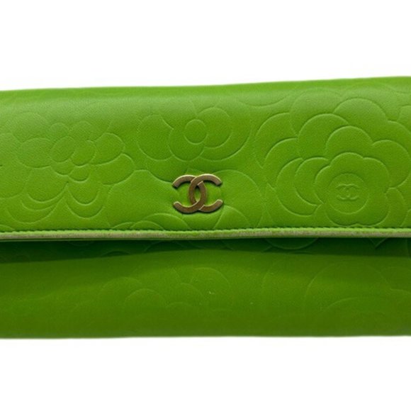 CHANEL | Accessories | Chanel Chanel Wallet Camellia Long Green Leather ...
